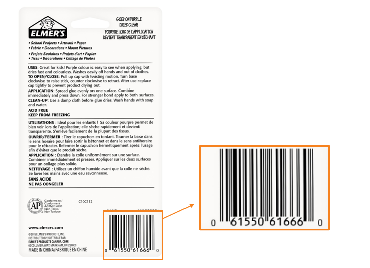 Where to find the Elmer's EAN / UPC number and date code?